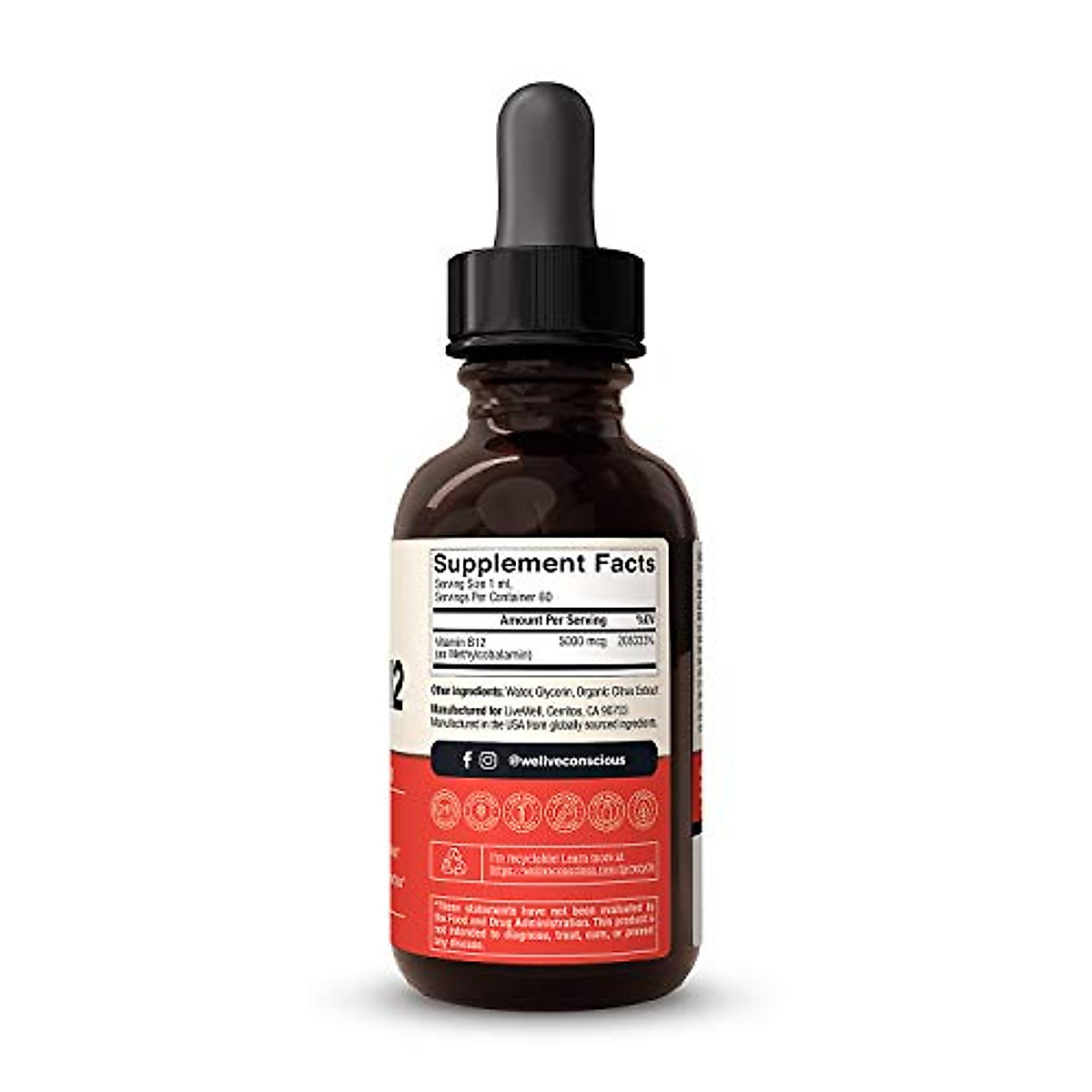 Vegan Vitamin B12 Sublingual Liquid Drops by Live Conscious- Methylcobalamin Max Strength B12 5000mcg Formula - Vegan B 12 Vitamin Support Energy & Mood, Promote Memory, Aid Immune System - 60 Serving
