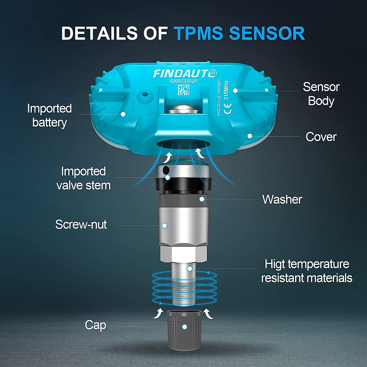 FINDAUTO Replacement for Tire Sensor 315MHz Original Equipment Tire Pressure Monitoring System TPMS +for Lexus for Pontiac for Scion for Toyota Replaces 4260733021 4Pack