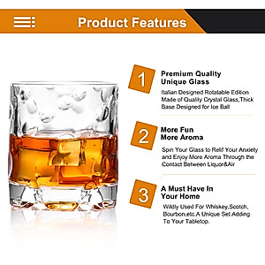 LURRIER Whiskey Glass set of 4,Old Fashioned Whiskey Glasses,10 oz Crystal Whiskey Glass for Scotch,Bourbon,4 Patterns Spinning Whiskey Glass Set,Whiskey Glasses gift with 4 Ice Molds Gift for Men