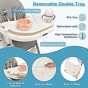 INFANS High Chair for Babies and Toddlers, Foldable Highchair with 7 Different Heights 4 Reclining Backrest Seat 3 Setting Footrest, Removable Tray Built-in Rear Wheels with Locks (Grey)