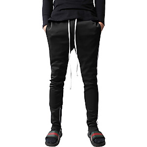 Mens Stripe Track Pants Skinny Fit Stretch Trouser Elastic Jogger 1VWA0006(Medium, P122_blk/WHI)