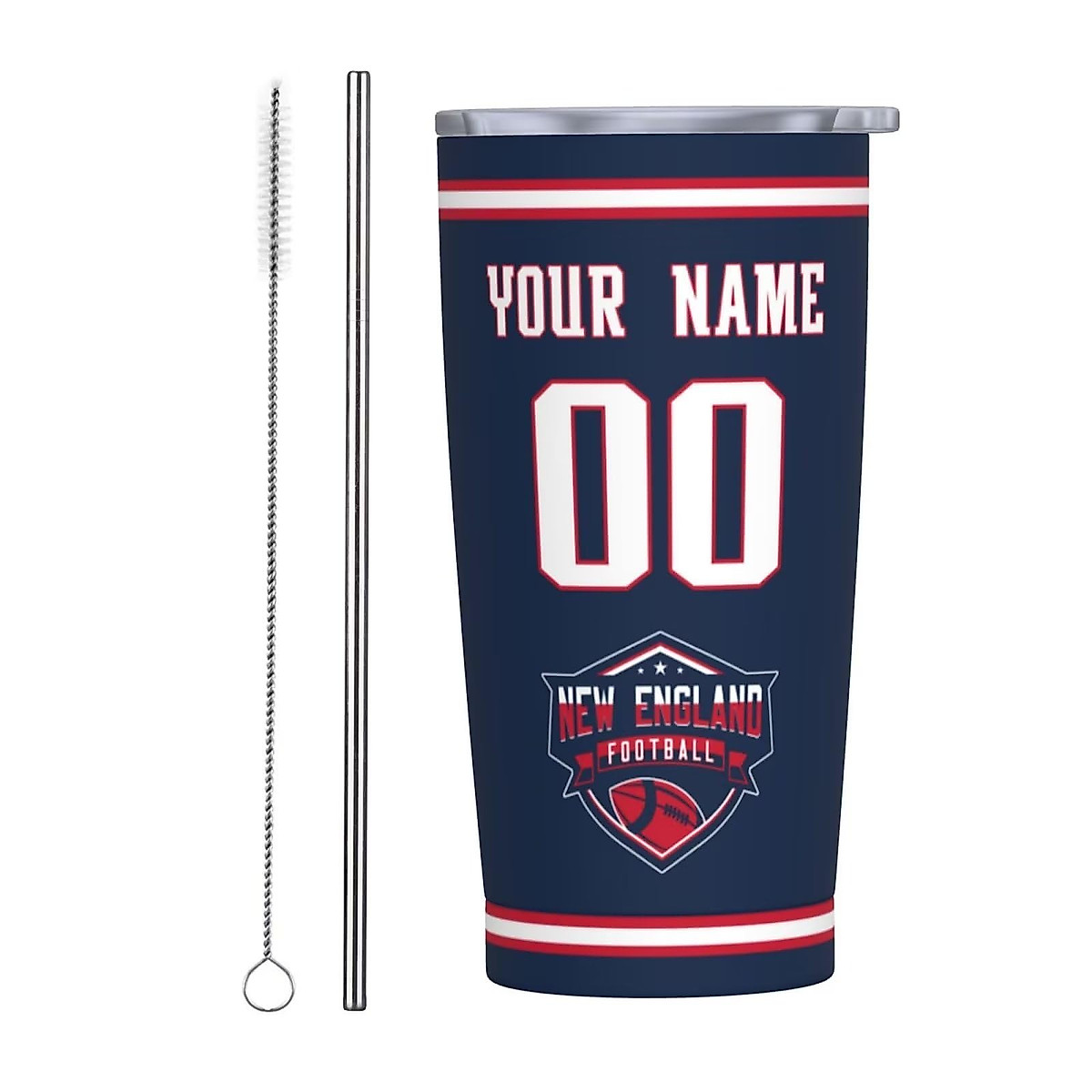 New England Custom 20oz Tumbler,Add Personalized Name and Number,Travel Coffee Mug, Stainless Steel, Insulated, Keep Drinks Cold and Hot,Gifts for Fans
