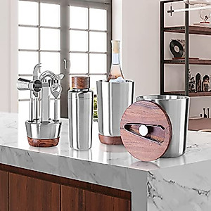 OGGI Modernist Stainless Steel Bar Tool Set w/Wood Accent- Ideal Bar Accessories, Cocktail Set, Bar Set, Bar Cart Décor; Includes Bar Knife, Ice Tongs, Drink Strainer, Double Jigger & Cap/Can Opener