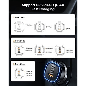 OTAO 165W USB C Car Charger,3 Ports Fast Charge Adapter PD3.1 140W PPS 45W+PD 35W PPS 25W+USB 30W Type-C Car Phone Charger for iPhone15 14 13 12 Pro Max Plus,Samsung,iPad MacBook Pro Air Laptop