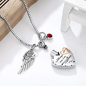 Cremation Urn Necklace Comes With Angel Wing And 12 Birthstones Ashes Jewelry Heart Memorial Pendant (Sister)