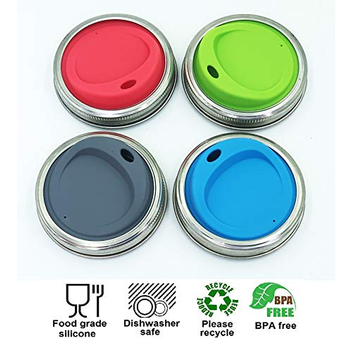 THINKCHANCES Reusable Food Grade BPA Free Silicone Sip Coffee Juice Drinking Lid Kit with Stainless Steel Rings for Mason, Ball, Canning Jars, Pack of 4 Sets (Regular Mouth,Oval Drinking Hole)