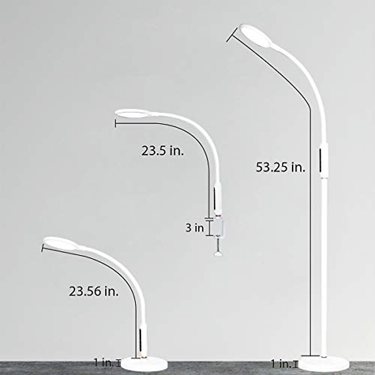 Syrinx 3 in 1 LED Floor Lamp, Desk Lamp, Clamp-on Lamp With Remote Control, 5 Brightness Levels & 5 Colors Temperatures, Dimmable, Adjustable Gooseneck Pole Lamp for Living Room Office Bedroom - White