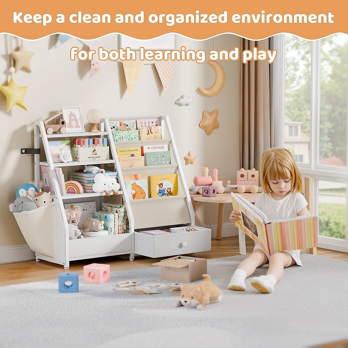 HAVLOTII Kids Bookshelf and Toy Storage - Kids Book Shelf for Kids Rooms, Toddler Bookshelf Baby Bookcase for Nursery, Montessori Toy Organizer, White