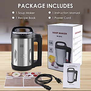 1.6L Soup Maker Machine, Stainless Steel Programmable Soup Maker with Smooth & Chunky Settings, Anti-Dry Burn, Overfill Sensors, and Self-Cleaning Mode for Quick Soups, Baby Food, and Home Use Black