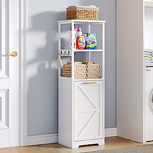 DWVO Tilt Out Laundry Hamper, Hidden Laundry Hamper Cabinet and 3-Tier Storage Shelves with Removable Laundry Basket 53" Tall Bathroom Storage Organizer for Sleeping Room, Laundry Room, White