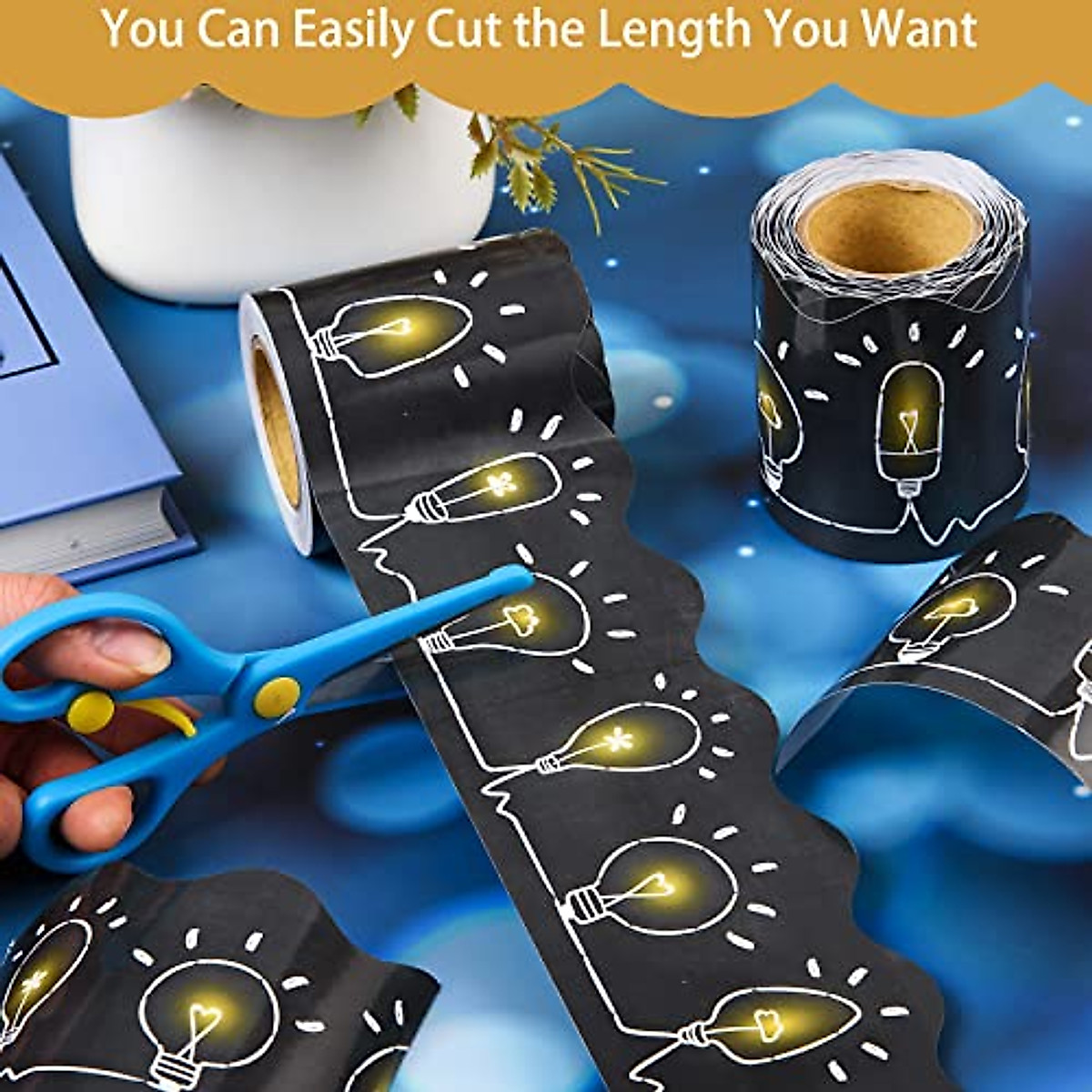 99 Feet Bulletin Board Border, 3 Rolls Light Bulbs Scalloped Borders Trim Card Stock Lightbulbs Classroom Bulletin Board Border Trim for Back to School Chalkboard Whiteboard Decorations