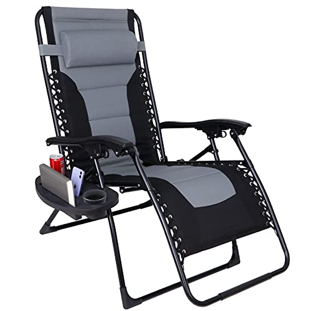 F2C Padded Zero Gravity Chair, Adjustable Foldable Patio Reclining Lounge Chair with Headrest Pillow Side Cup Holder Tray for Outdoor, Deck, Patio, Beach Yard Poolside, Black Gray…