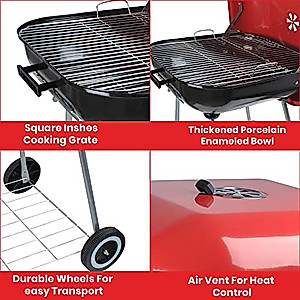 Alpine Cuisine Premium 22x25in Charcoal BBQ Grill Square for Outdoor Cooking, Barbecue Coal Kettle Bowl Grill Portable Heavy Duty Round with Legs Grilling for Tailgating Patio Backyard Camping - Red