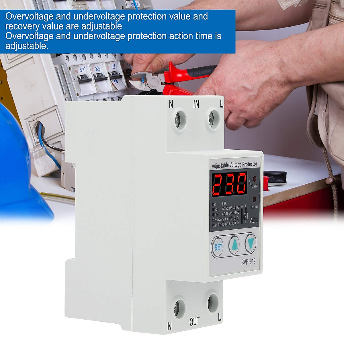 Voltage Protector Adjustable Under Over Voltage Protection, Voltage Output Stabilizer for Home Office Appliance, Protector Current Stabilizer Voltmeter for House Protection(63A)