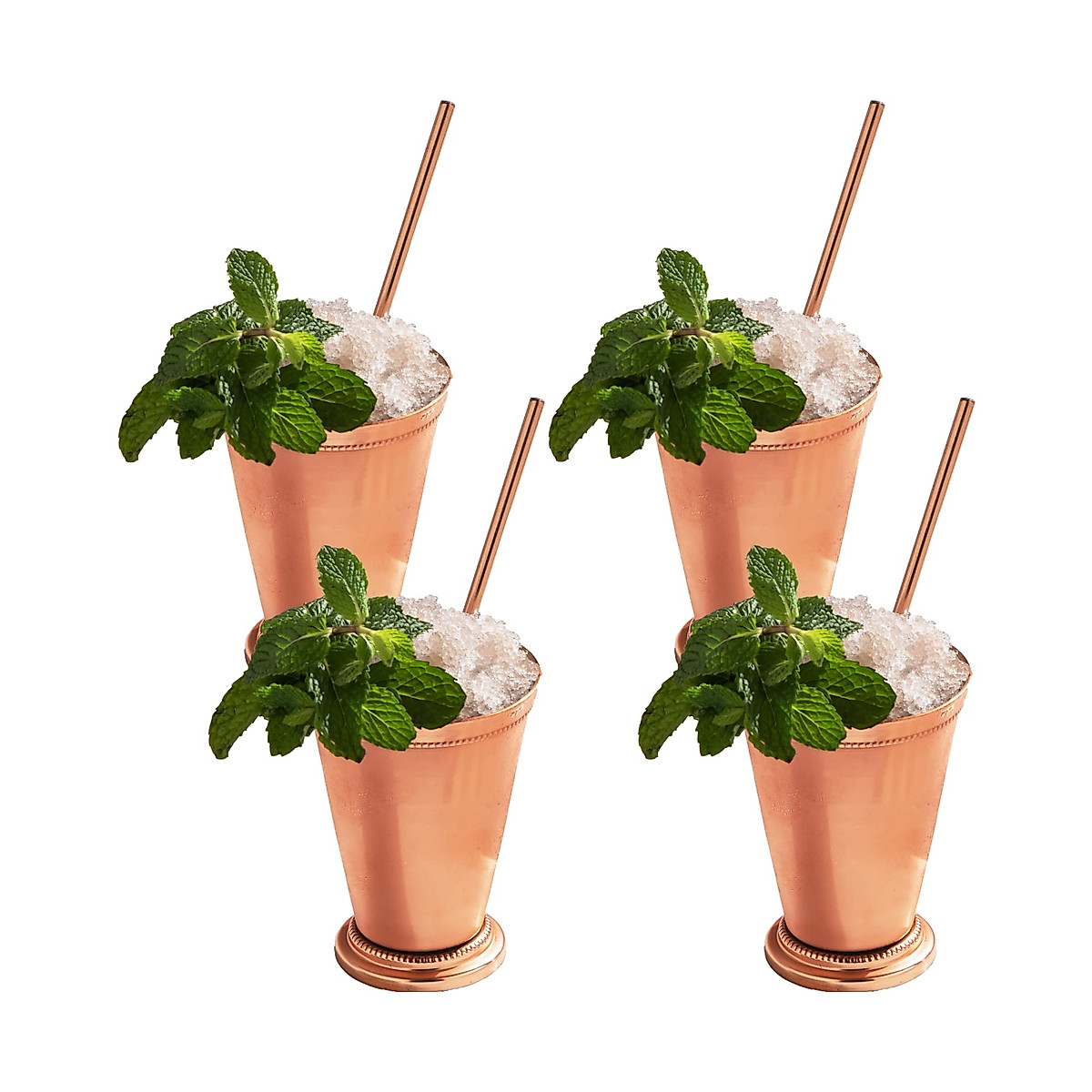 Sol Living Mint Julep Cups Gift Set of 4, 12 oz. Stainless Steel Silver Cups with 4 Drinking Straws Kentucky Derby Cups Premium Handcrafted Barware Set for Cocktails Mixed Drinks