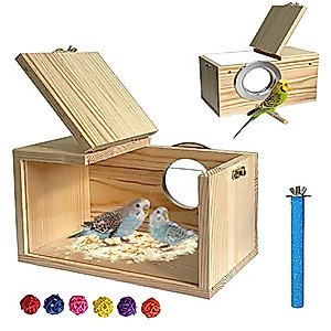 MUYG Transparent Parakeet Nesting Box,Wooden Parrot Nest Breeding Box with Perch Natural Bird House for Cage Suitable for Lovebirds Cockatiels Canaries