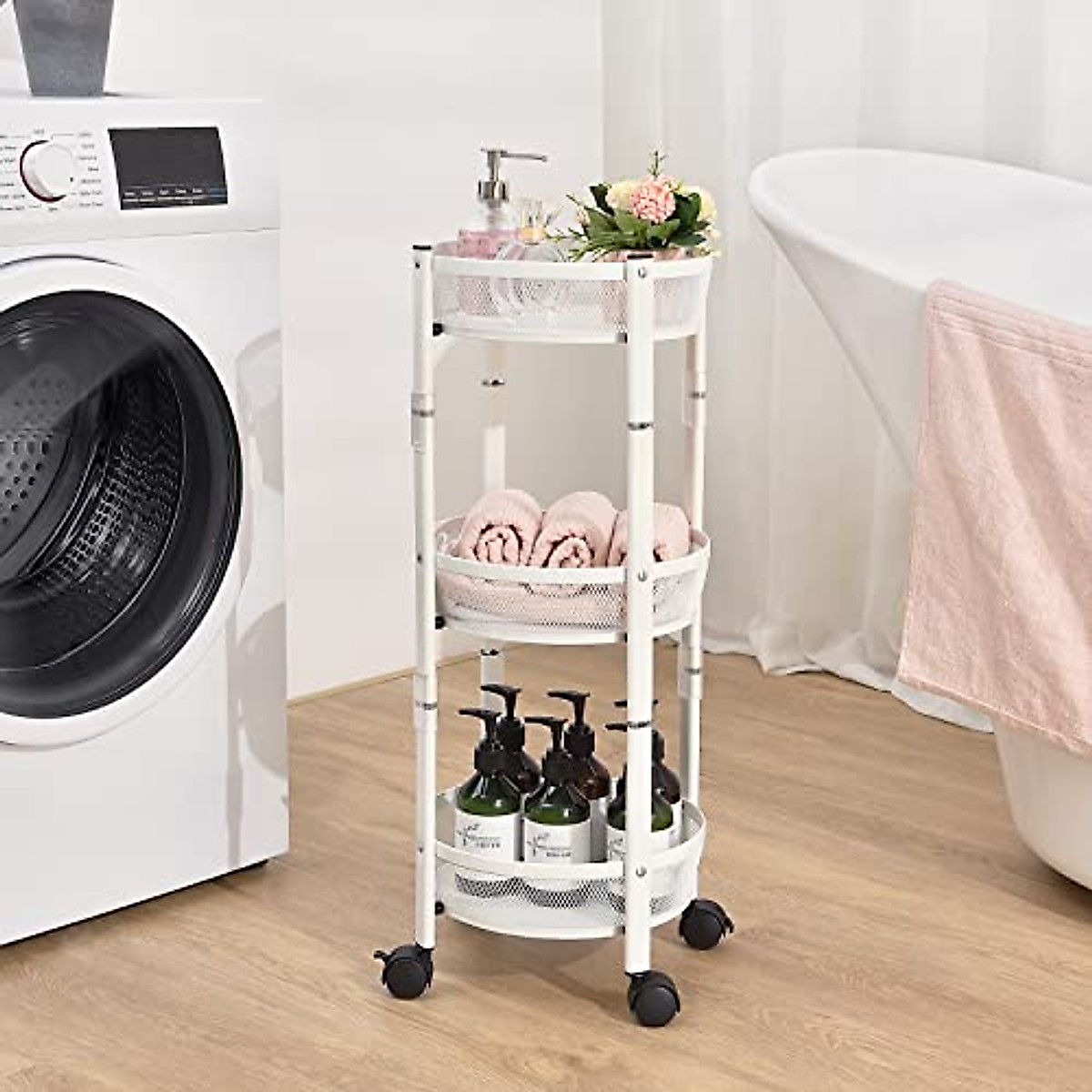 APEXCHASER 3-Tier Metal Storage Rolling Cart, Collapsible Utility Cart, No Assemble, Multifunction Serving Organizer Trolley with Lockable Wheels for Kitchen, Living Room, Bathroom,White