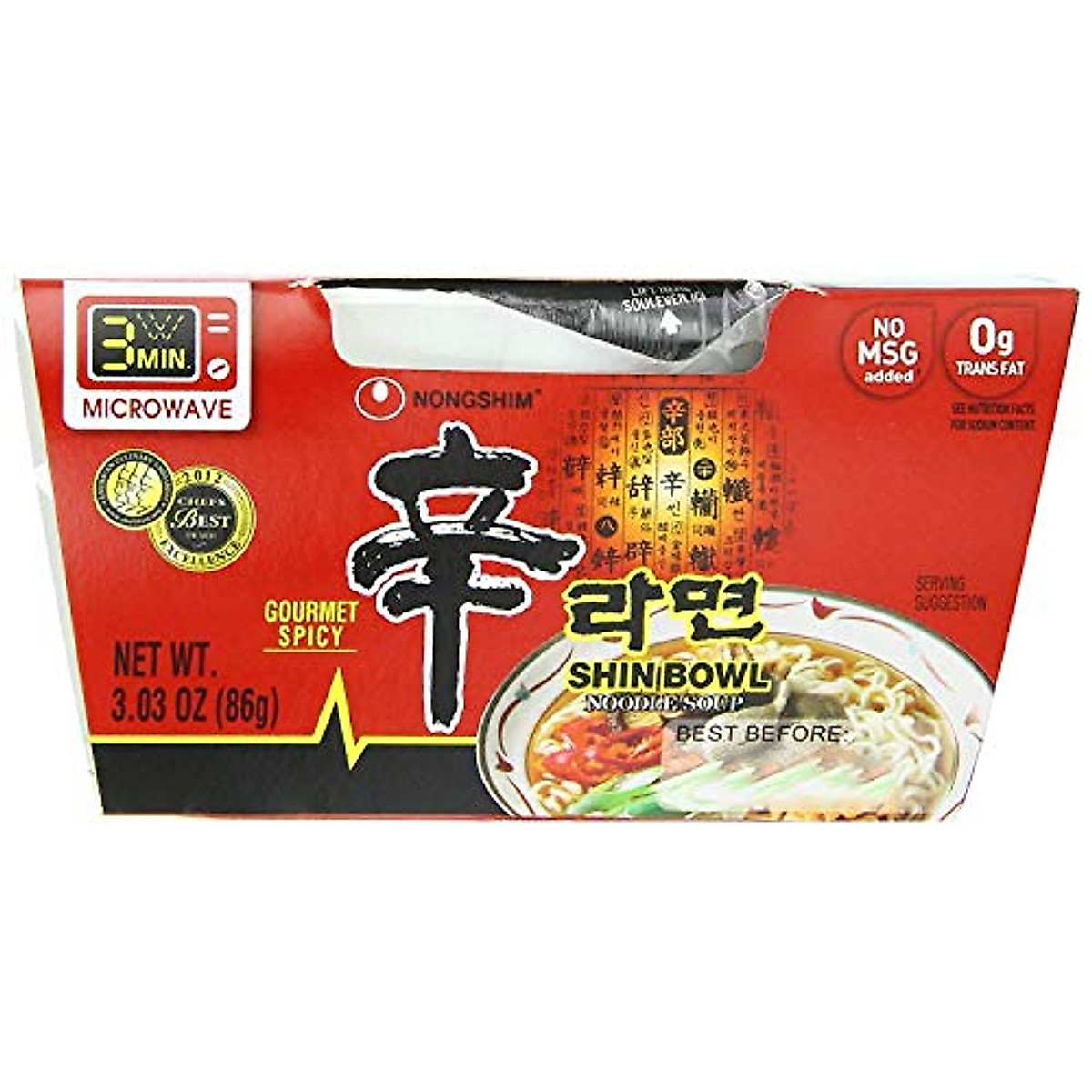 Nongshim Gourmet Spicy Shin Noodle Soup Bowl, 12 Pack, Microwaveable Ramyun Soup Noodles, No MSG Added
