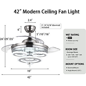 42" Modern Chandelier Fan Ceiling Fan with Lights and Remote Control for Bedroom Modern Ring Chandelier Fan with Retractable Blades for Foyer Chandelier