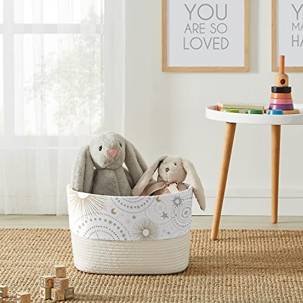 Sweet Jojo Designs Blush Pink Gold Star Moon Girl Woven Storage Basket Decorative Cotton Rope Lined Bin Baby Nursery Kids Bedroom Toys Closet Shelf Organizer Grey Celestial Sky Stars Gray Shabby Chic