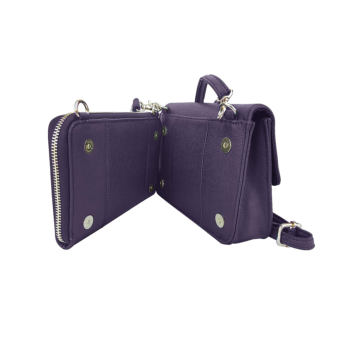 Roma Leathers Mini Leather Cross Body Purse - Premium Purple Embossed Cowhide Leather - Backside Detachable Wallet - Adjustable and Removable Shoulder Strap - Designed in USA