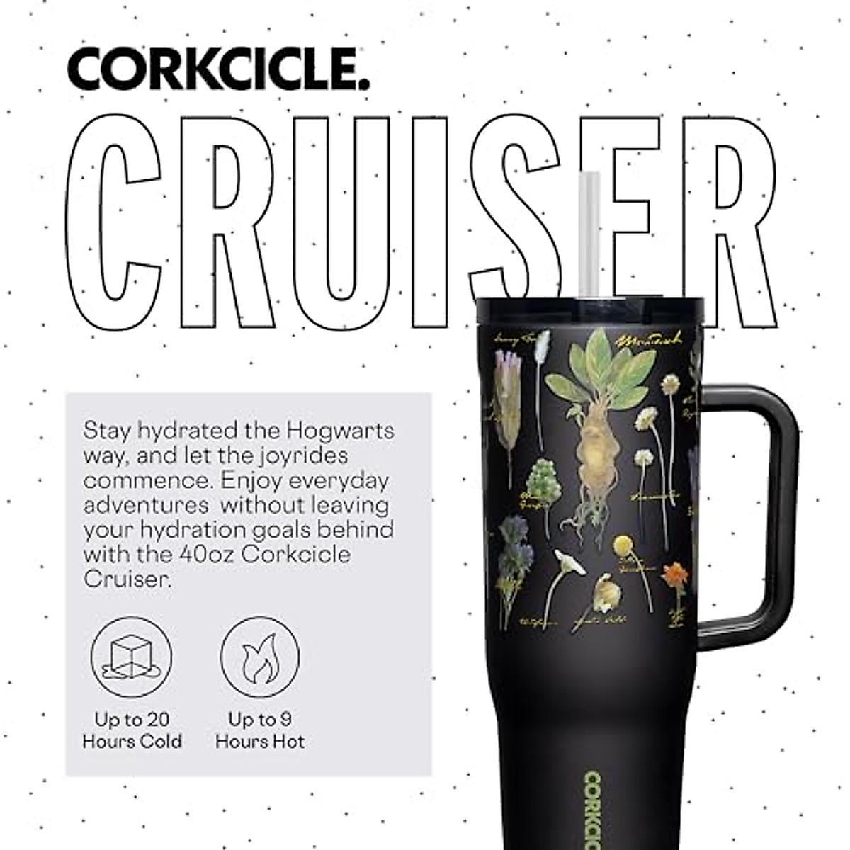 Corkcicle x Warner Brothers Harry Potter Herbology Cruiser - Insulated Tumbler with Handle & Straw, 40 oz – Reusable Water Bottle - Cold for 20 Hours, Hot for 9 Hours – Cupholder Friendly, Spill Proof