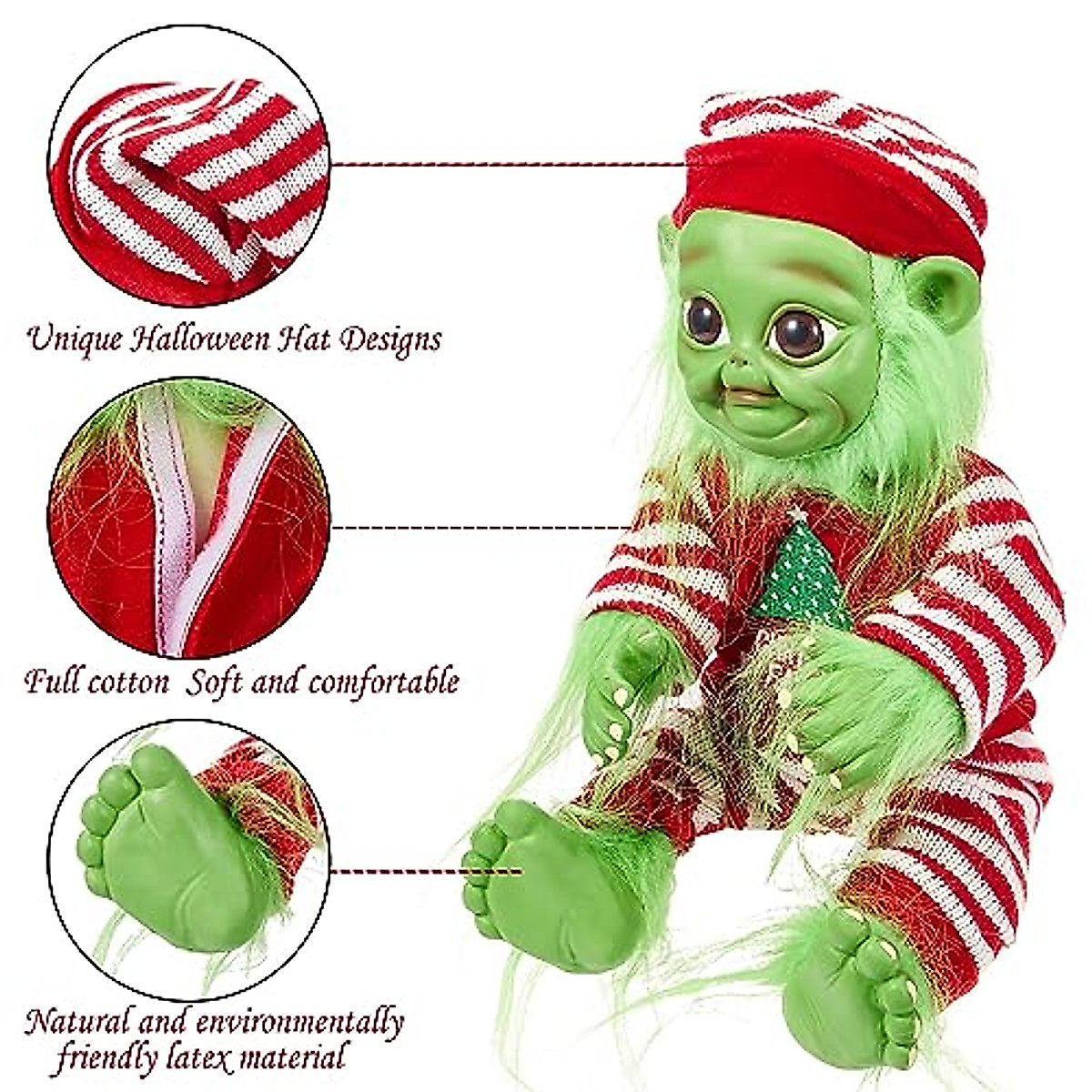 TRURENDI Christmas Doll, 10'' Green Furry Monster Latex Doll with Cute Xmas Clothes, Christmas Doll Gifts Xmas Decor (Red Stripes, 28 * 20 * 20 cm)