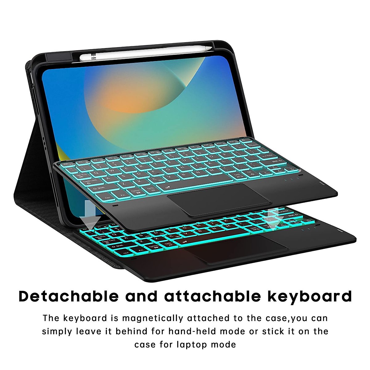HEAPAO Touchpad iPad 10th Generation Case with Keyboard (10.9", 2022) - 7 Color Backlight, Multi-Touch Trackpad, Detachable Keyboard, Flip Stand Case with Pencil Holder for New iPad 10th 2022, Black