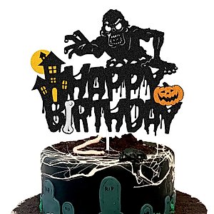 Halloween Birthday Cake Topper for Skull Wizard Witches Ghost Spooky house boo Cat Zombie Pumpkin Tombstone Theme Boys Girls Kids Men Women Happy Birthday Baby Shower Party Decorations Event Supplies