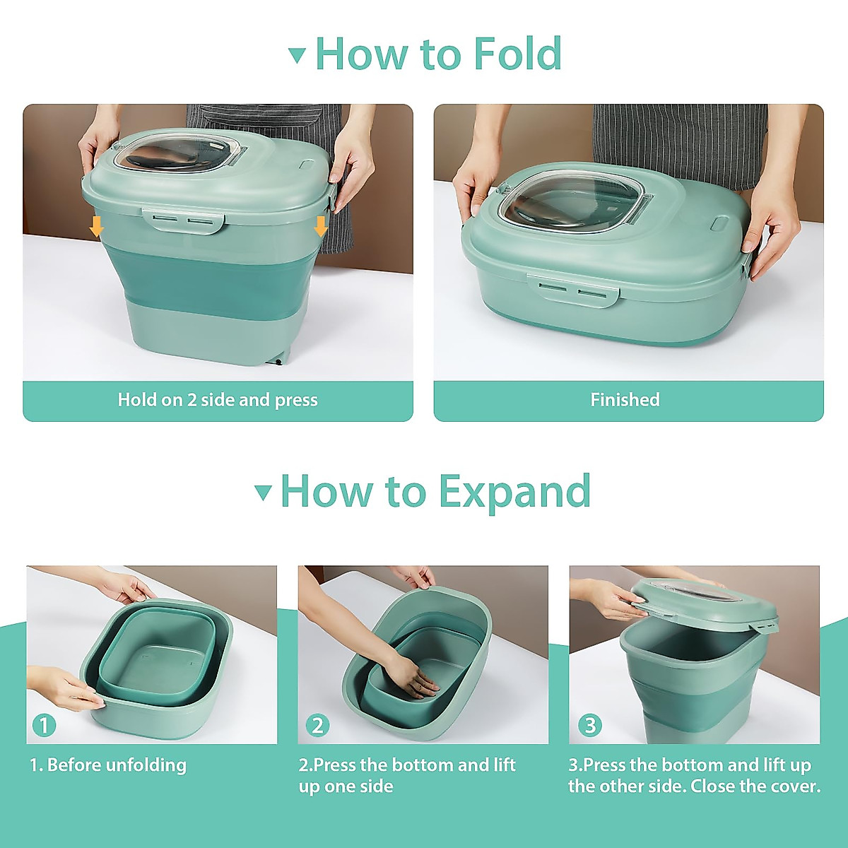 Letingoo Rice Storage Container, Foldable Airtight Food Storage Containers with Measuring Cup & Wheels, Dry Food Flour Sugar Storage Container (Green)