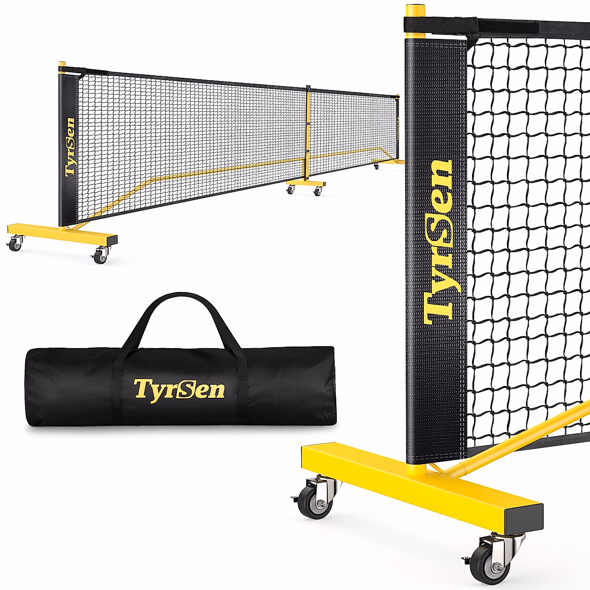 TYRSEN Portable Pickleball Net on Wheels, 22FT Pickleball Net for Driveway Backyard, 18-Ply PE Net, Weather Resistant Metal Frame Pickle Ball Net System for Indoor & Outdoor Play