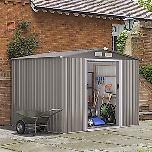 Goplus Outdoor Storage Shed, 8.5’ x 6.8’ x 6’ Weather-Resistant Utility Tool Organizer w/Foundation, 4 Louvers, Double Doors & Ramp, Galvanized Steel Tool Shed for Garden, Lawn, Yard