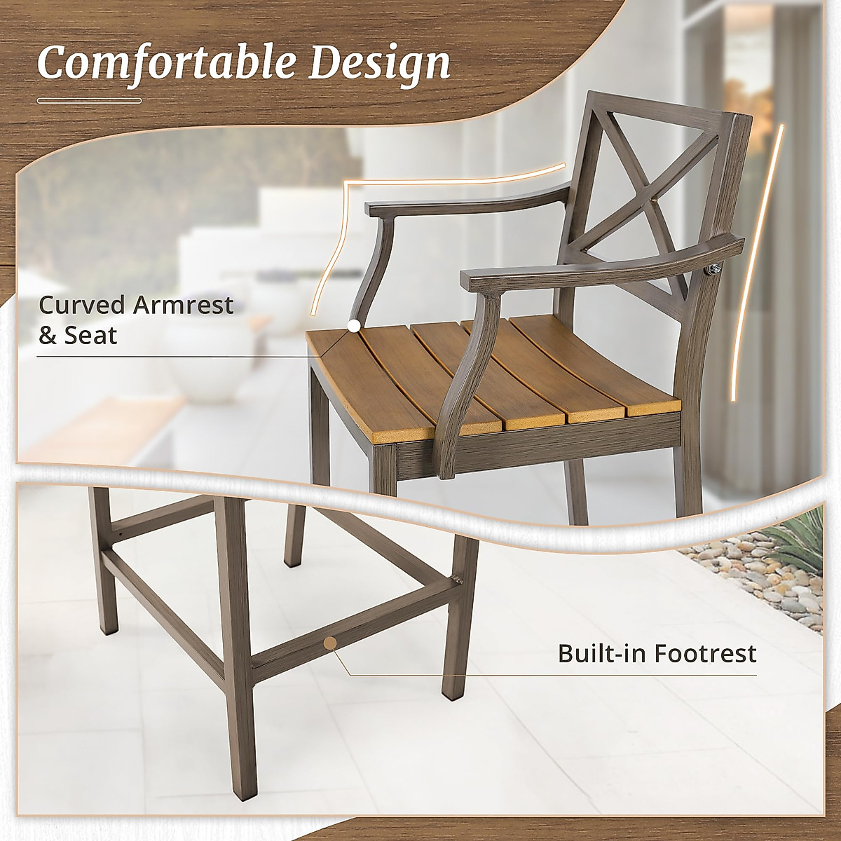 Cozyman Outdoor Bar Height Table and Chairs Set, 3 Piece Patio Pub Bar Set with 55" Slatted High Top Table and 2 Armrest Bar Stools for Balcony, Poolside, Yard, Teak