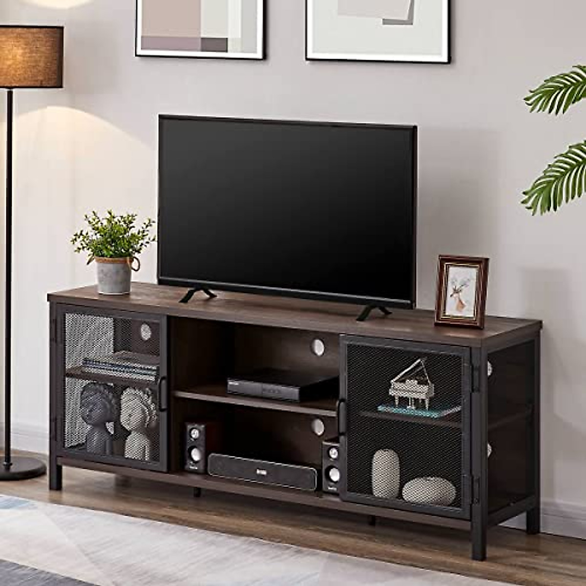 FATORRI Industrial TV Stand, Coffee Table and End Table with Charging Station for Living Room (Walnut Brown)