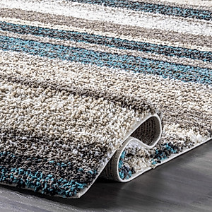 nuLOOM Drey Striped Shag Area Rug - 2x6 Runner Shag Rug Casual Blue Multi/Brown Rugs for Living Room Bedroom Dining Room Nursery Entryway Hallway