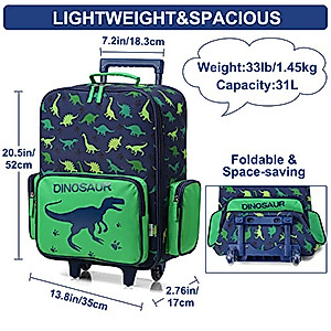 VASCHY Rolling Luggage for Kids, Cute Travel Carry on Suitcase for Boys Toddlers/Children with Wheels 18inch Dinosaur
