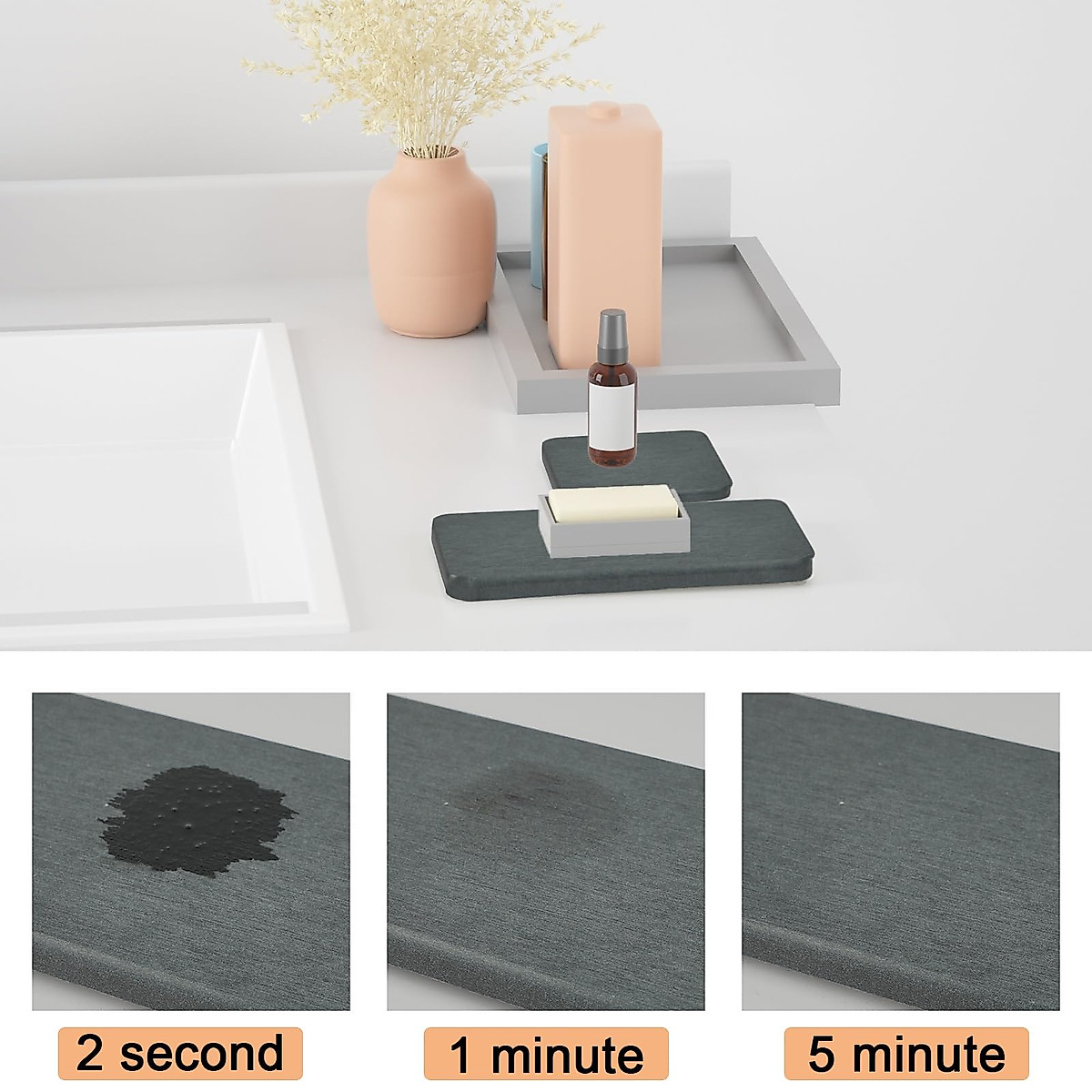 Hachacha Soap Dishes, 4-Set Water Absorbent Diatomite Earth Drying Mats - 2 Large & 2 Small Trays with Anti-Slip Pad, Sandpaper. Ideal for Kitchen Counter, Under Plants, Bath, Toiletries, Deep Grey