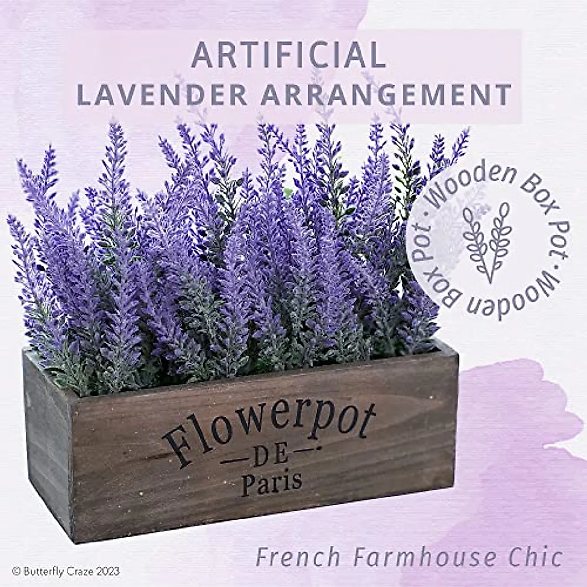 Butterfly Craze Artificial Lavender Plants in Rustic Wooden Planters - Lifelike, Stunning Faux Silk Purple Flowers Perfect for Elevating Your Patio, Home Décor, or Office, Large Dark Brown Pot