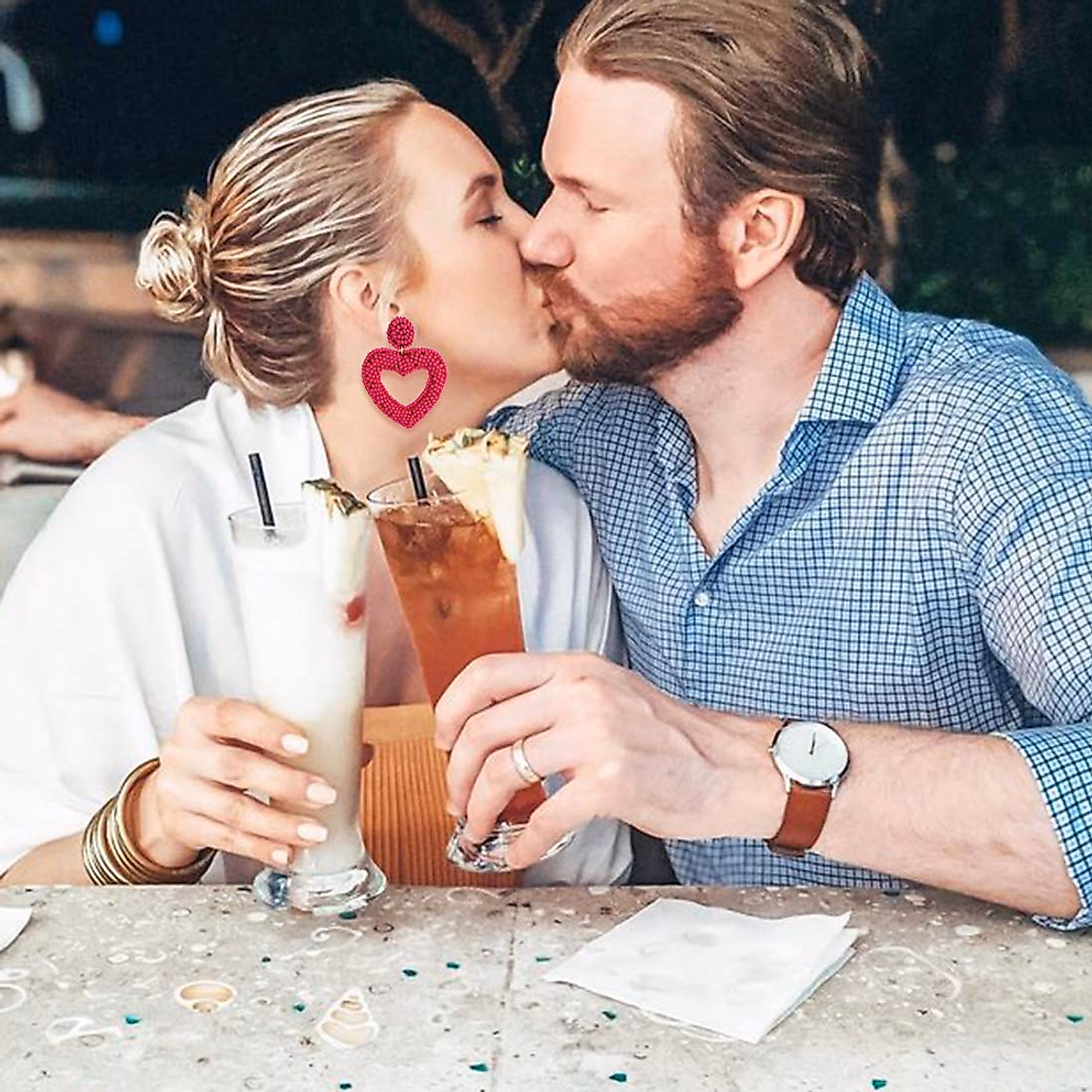 XOCARTIGE Valentine's Day Earrings for Women Beaded Heart Earrings Handmade Bead LOVE XOXO Earring Drop Dangle Earrings Valentine's Day Jewelry Accessories Outfits Gifts (A-Rose Red)