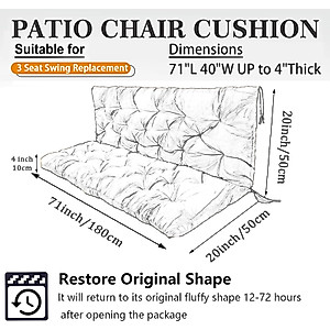 Swing Replacement Cushions with Backrest, 2 or 3 Seater Waterproof Non-Slip Overstuffed Swing Pad, Indoor/Outdoor Bench Cushion for Porch Chair Swing Garden Furniture (Palm Leaves, 40 * 71 in)
