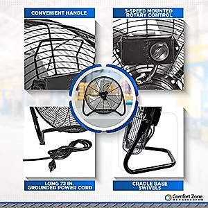 Comfort Zone CZHV18BK 18” 3-Speed High-Velocity Cradle/Floor Fan with 180-Degree Adjustable Tilt, Convenient Carry Handle, and Rubber Feet for Stability, Black