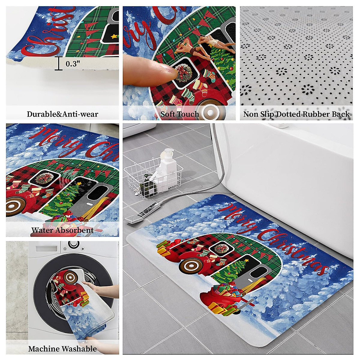 Libaoge Kitchen Mat Rug 1 PCS Merry Christmas Tree Gift Red and Green Camper in Snow Runner Rug Anti-Fatigue Comfort Memory Foam Standing Mat Non-Slip Floor Door Mat for Bathroom Bedroom 20x63in