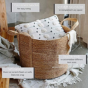 GooBloo Large Woven Storage Basket 100% Jute - 20” x 16” Tall Decorative Jute Rope Basket for Living Room, Toys or Blankets - Wicker Baskets with Handles - Handmade Natural Laundry Hamper
