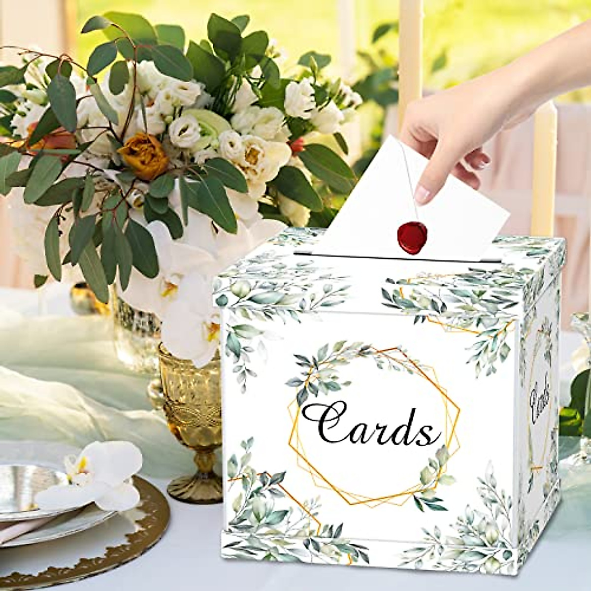 SietDESEO Greenery Card Box 10x10x10 Inch Floral Money Card Box Wedding Gift Card Holder Box Card Box Holder for Wedding Reception Baby Shower Birthday Party Supplies Raffle Box