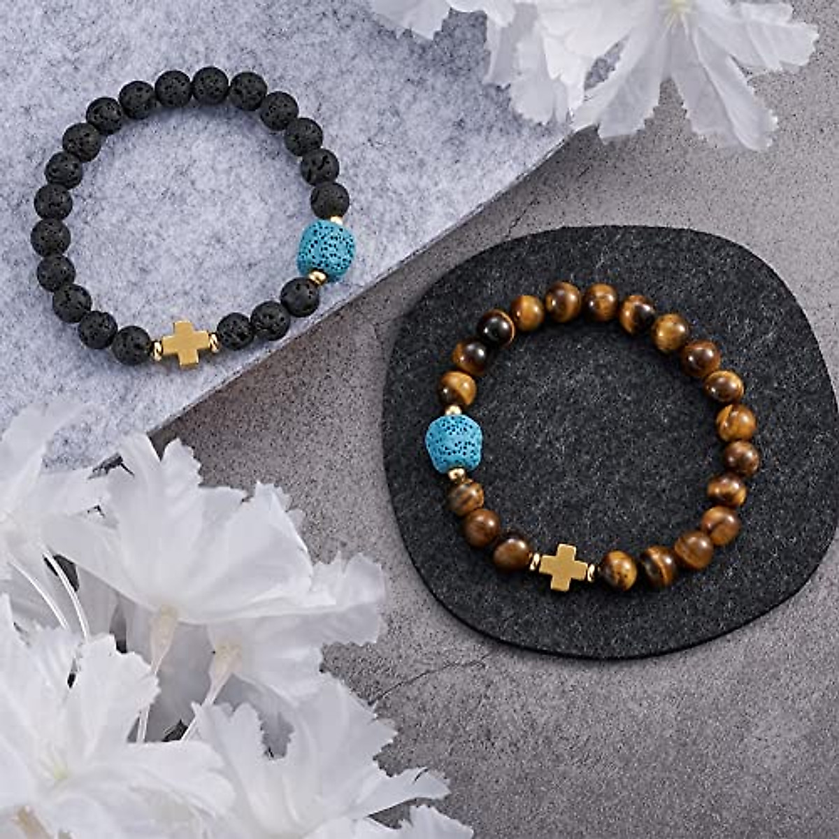 Ankom DIY Men Gemstone Bracelet with Cross Beads Casual Jewelry Making Kit Natural & Synthetic Stone Beads Elastic Thread Metal Spacer - (Color: Mixed Color)