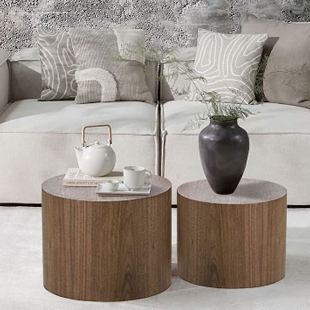 KEVINSPACE Nesting Coffee Table Set of 2, Round Nesting Tables Wooden End Tables for Small Space, Modern Side Tables Set for Living Room, Office, No Need Assembly, Walnut
