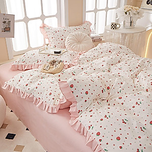EAVD Kawaii Strawberry Duvet Cover Twin Girls Soft 100% Cotton Cute Ruffle Strawberry Bedding Set with 2 Pillowcases Chic Romantic Strawberry Print Ruffled Comforter Cover with Zipper Closure