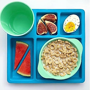 bobo&boo Bamboo Kids Divided Bento Plate, Sectioned Toddler Plate, Children’s Compartment Plates, 5 Portioned Sections, Mix and Match, Dolphin Blue
