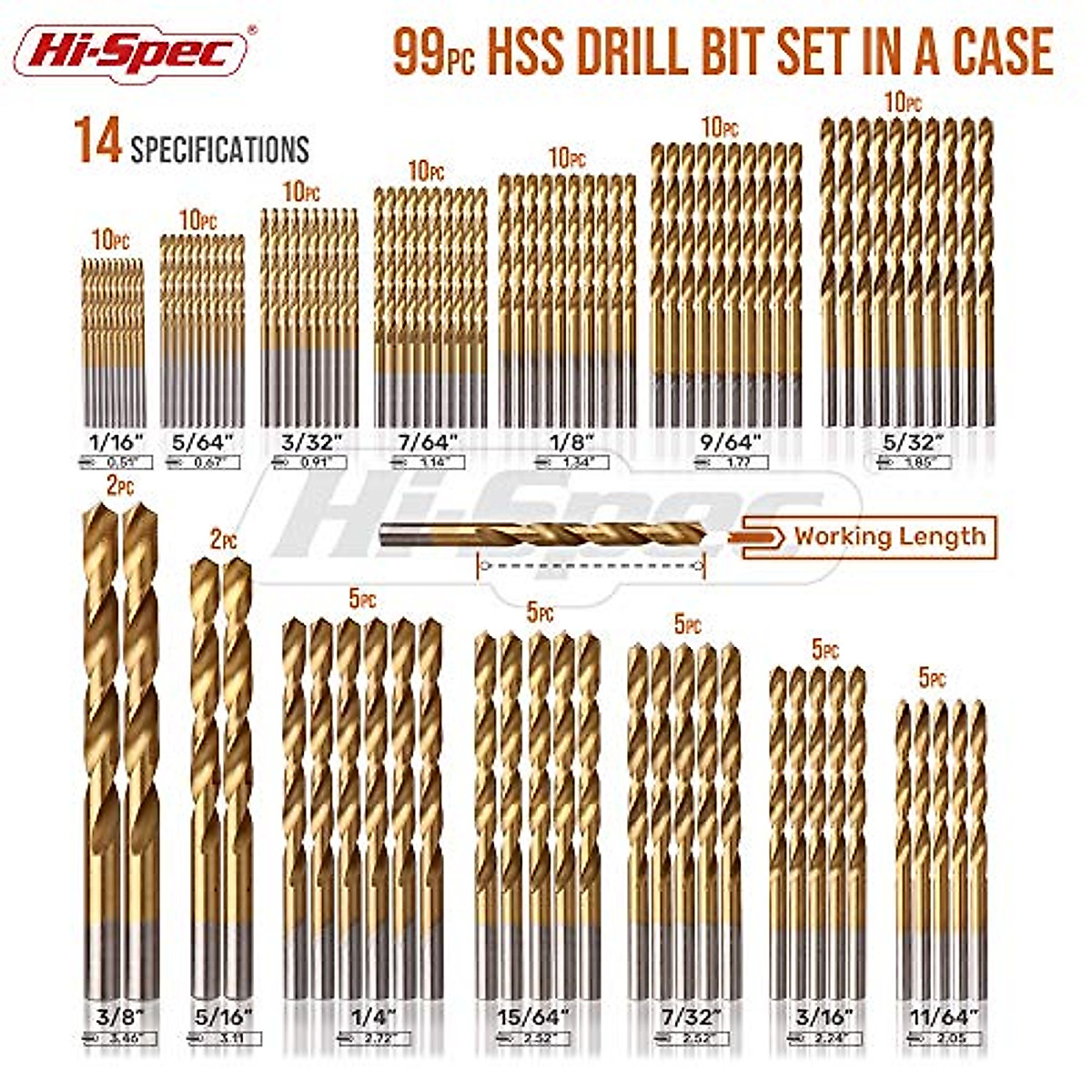 Hi-Spec 99pc SAE HSS Steel Drill Bit Set for Drill Drivers. 1/16 to 3/8" Size Bits for Metal, Plastics, Wood and Drywall. Complete in Storage Holder Case