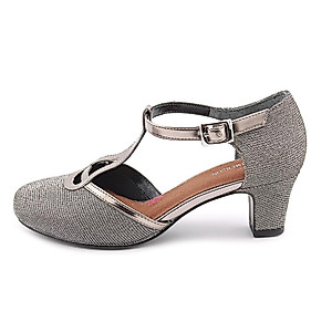 Ros Hommerson Womens Heidi T-Strap Closed Toe Low Heel Comfortable Pump Silver Iridescent Glitter Fabric 9 W US